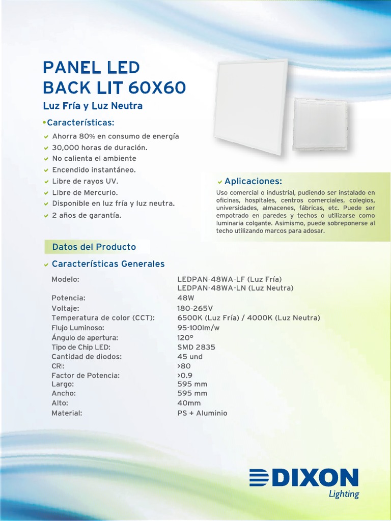 Ficha Tecnica PANEL LED 60X60 48W DIXON LED PAN-48WA (BACK LIT) | PDF