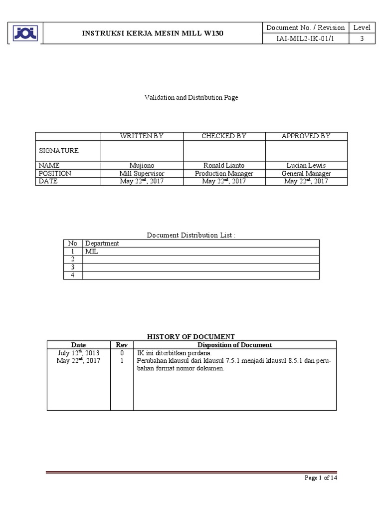 Ik-01 Instruksi Kerja Mesin Mill 130 (R-01) | PDF