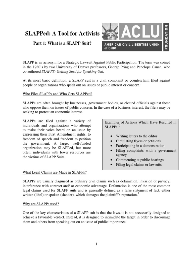 Slapped: A Tool For Activists: Part 1: What Is A Slapp Suit? | PDF ...