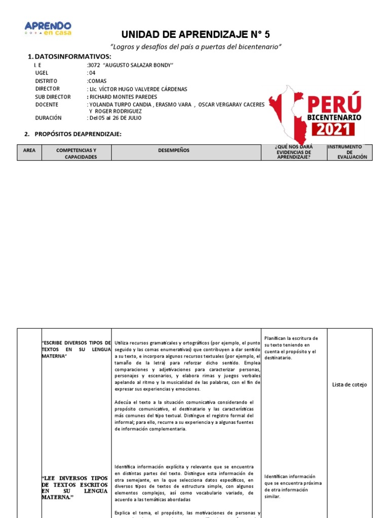 Unidad 5 - 4to Grado | PDF | Aprendizaje | Perú