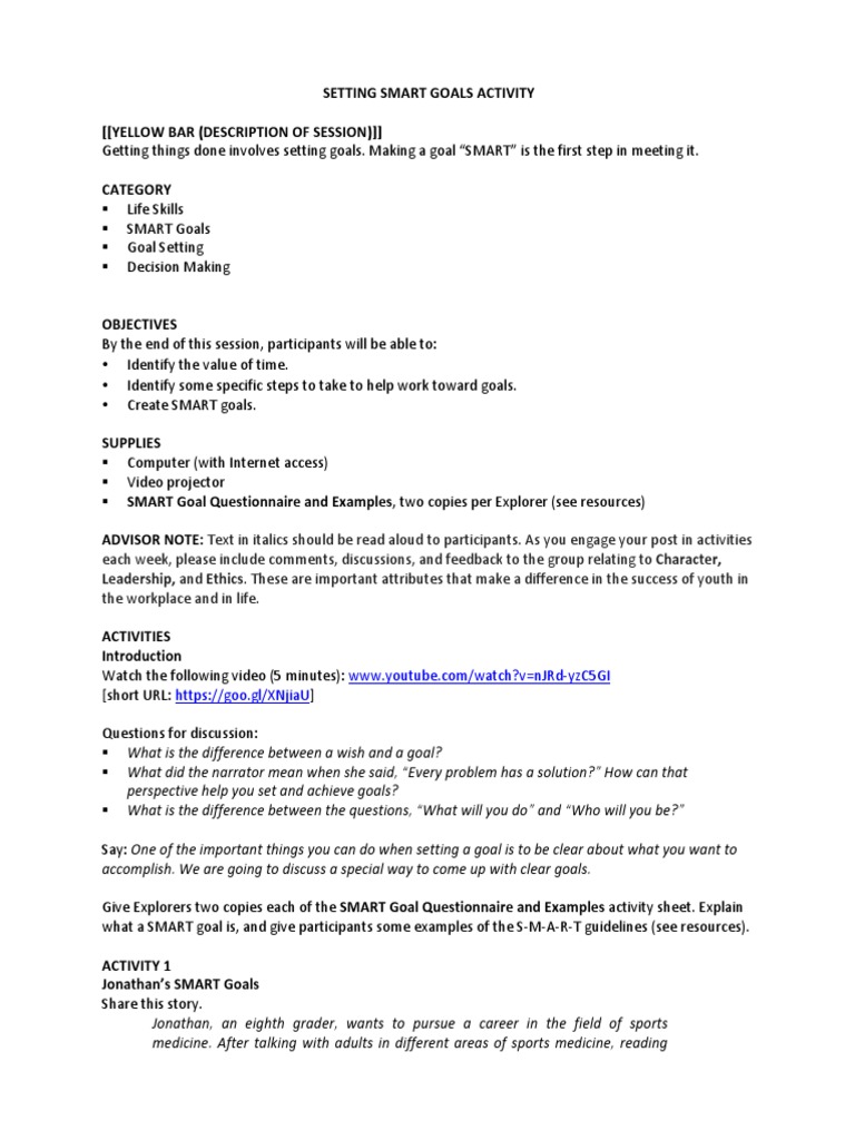 Setting Smart Goals Activity ( (Yellow Bar (Description of Session ...