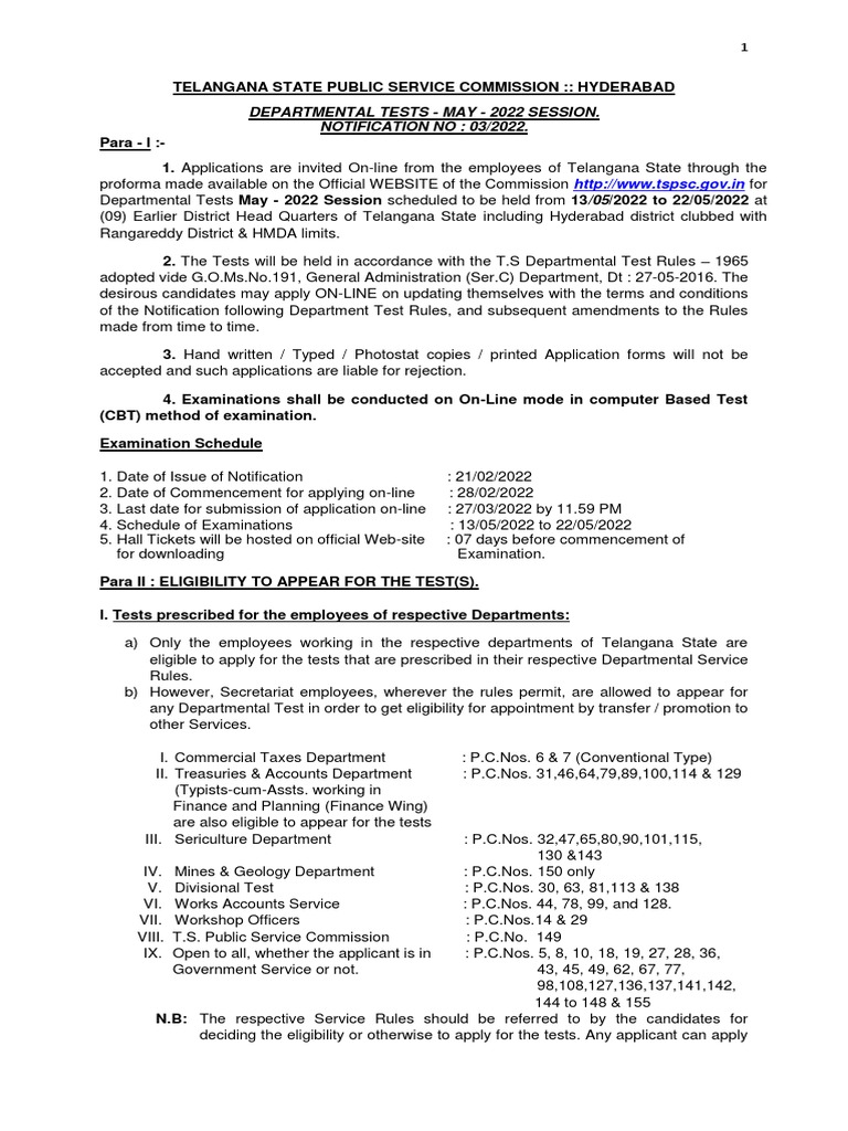 TSPSC Departmental Test Notification 2022 | PDF | Test (Assessment)