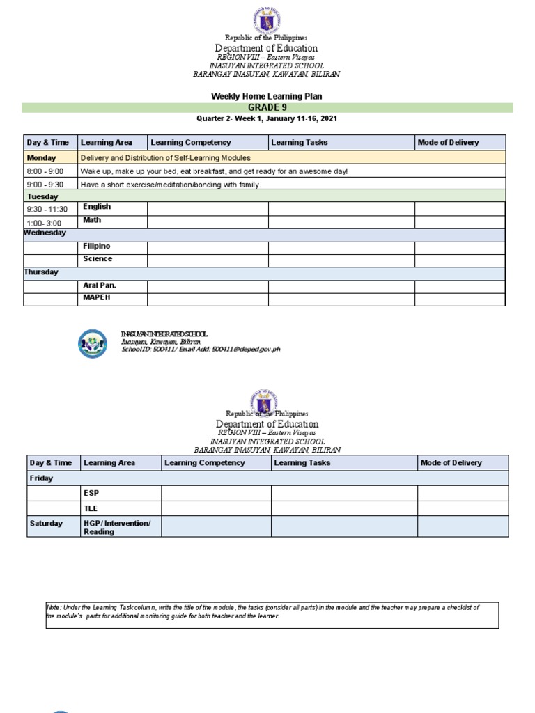 Q2Weekly Home Learning Plan in MAPEH 7, 9, 10 | PDF
