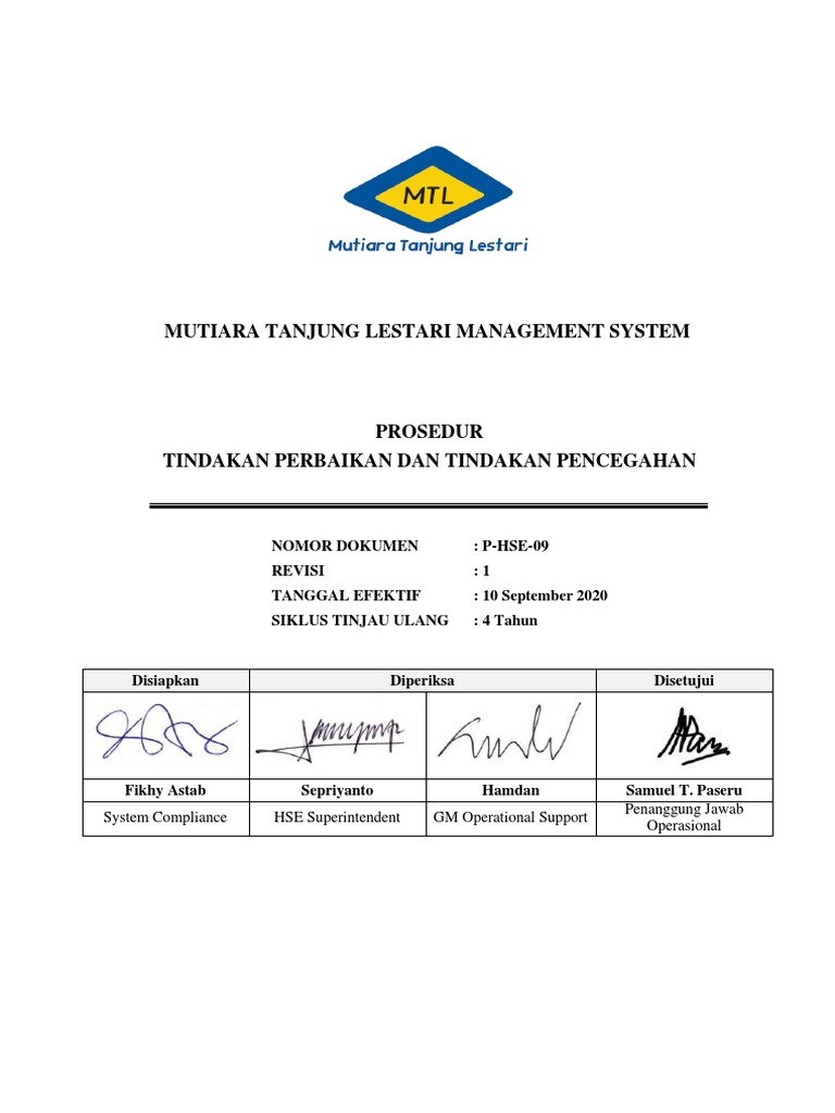 P-HSE-09 Tindakan Perbaikan Dan Tindakan Pencegahan Rev 1 | PDF ...