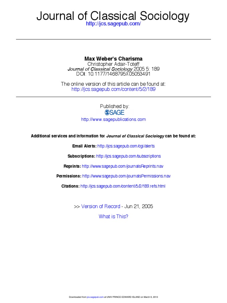 Journal of Classical Sociology: Max Weber's Charisma | PDF | Charisma | Max Weber