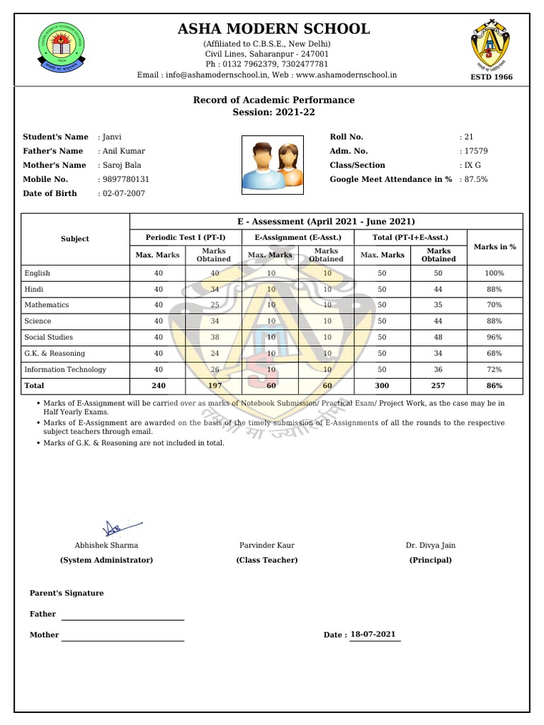 Asha Modern School: Record of Academic Performance Session: 2021-22 ...