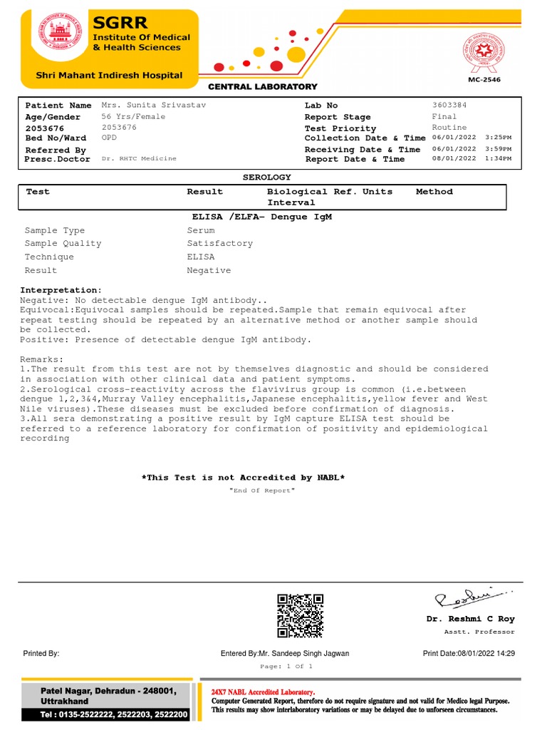 Serology Test Result Biological Ref. Interval Units Method: Mrs. Sunita ...