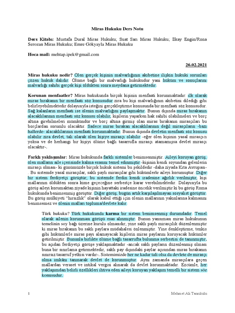 Miras Hukuku Ders Notu | PDF