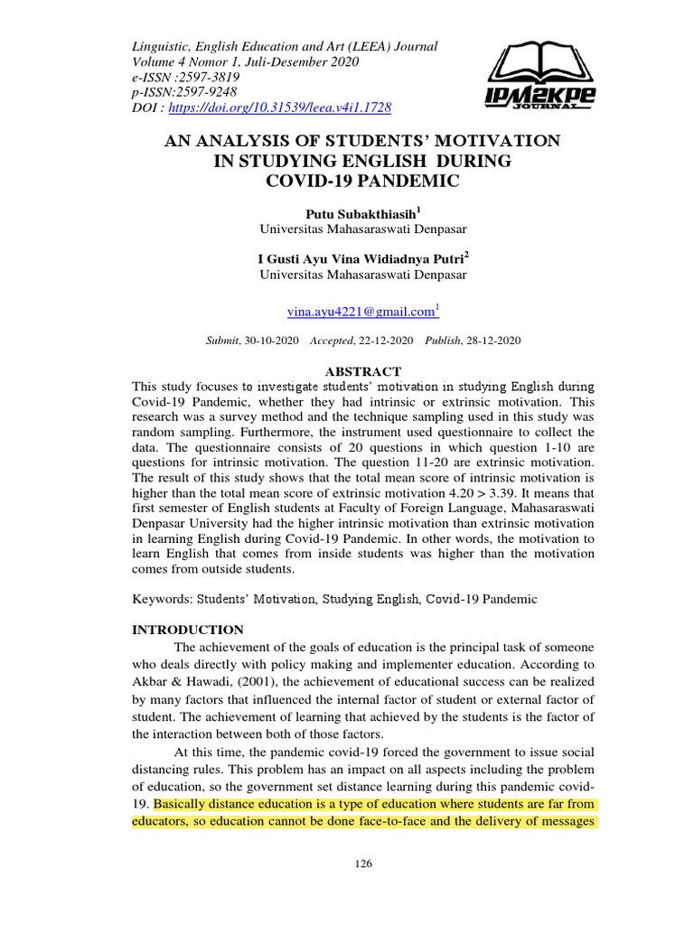Students' Motivation in English Learning During COVID-19 | PDF ...