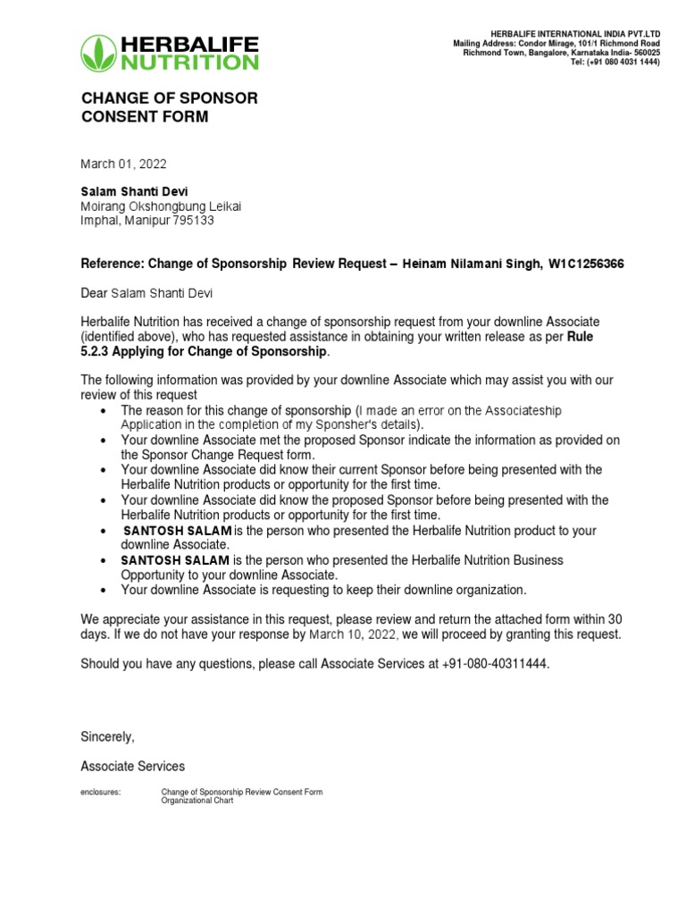 Change of Sponsor Consent Form: Salam Shanti Devi | Download Free PDF ...