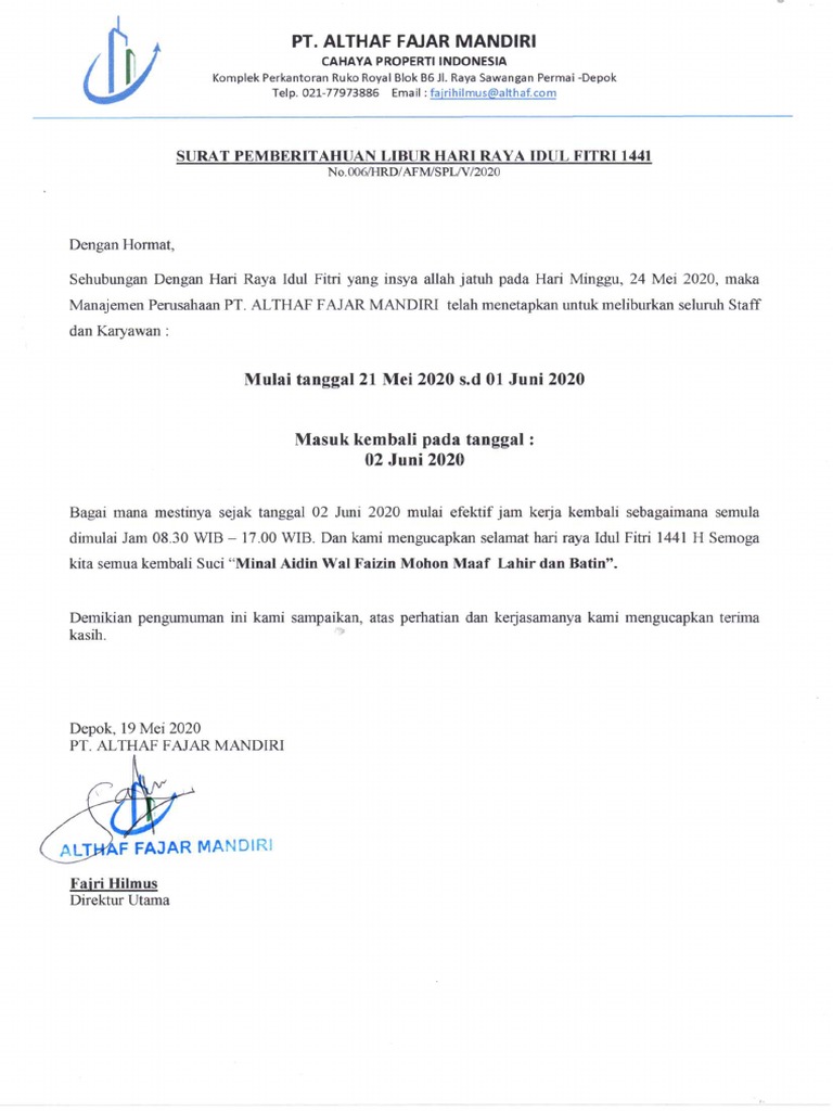 Surat Libur Lebaran | PDF