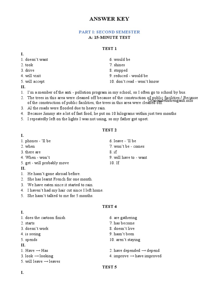 Answer Key: A: 15-Minute Test Test 1 I | PDF