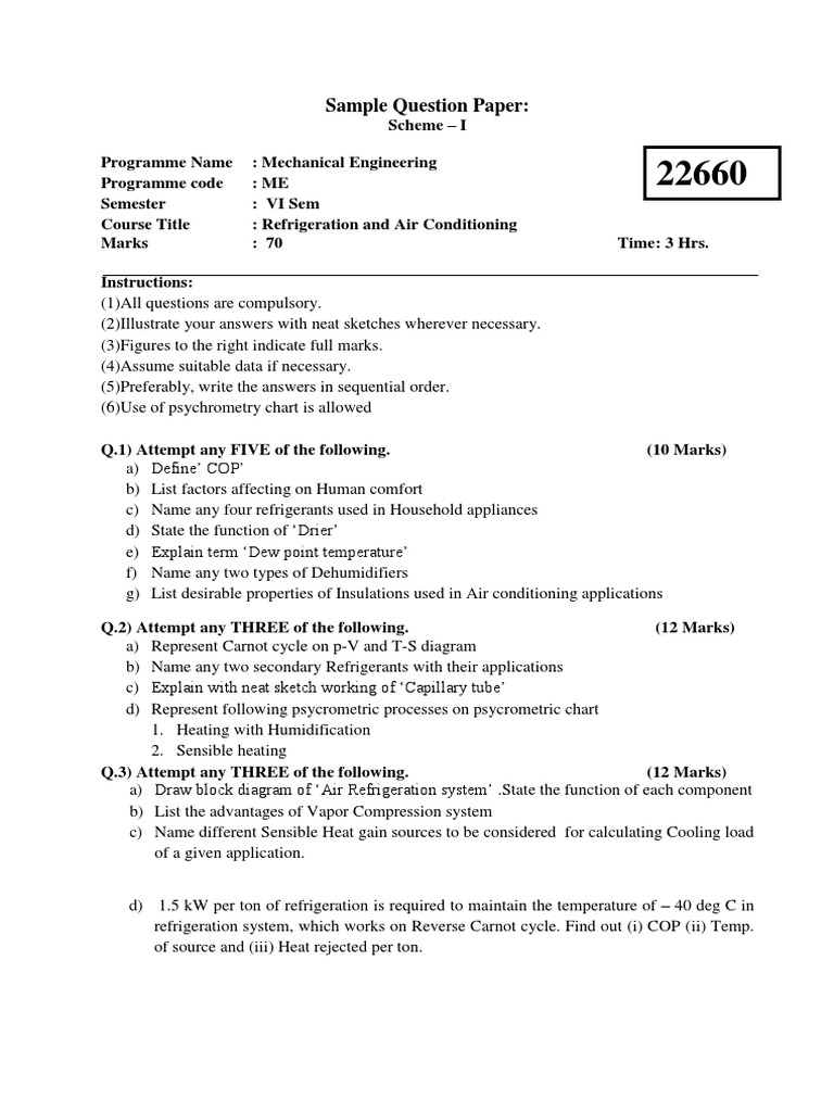 Sample Question Paper | PDF | Refrigeration | Enthalpy