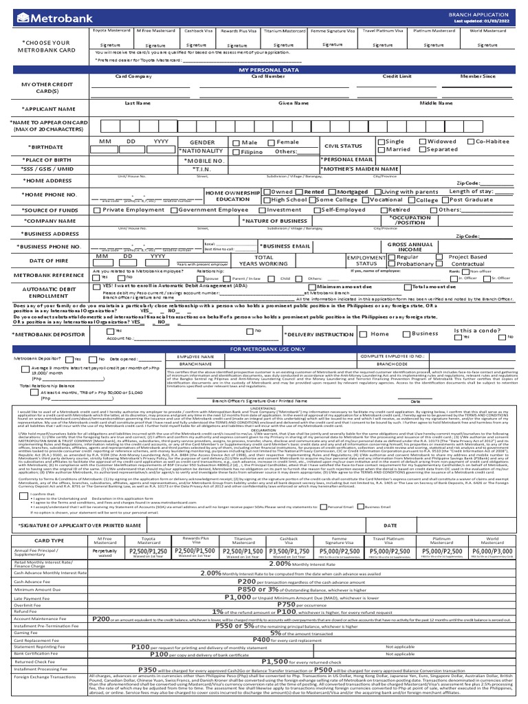 Metrobank Branch Application Form No Cards With PEP 2 | PDF | Credit ...