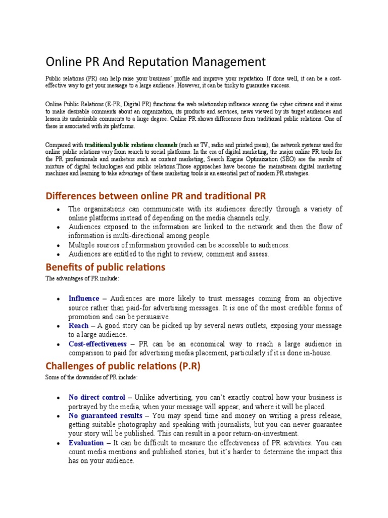 Online PR and Reputation Management | PDF | Public Relations | Digital ...