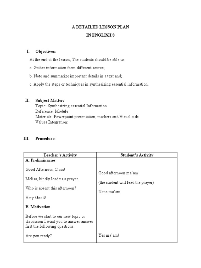 A Detailed Lesson Plan in Synthesizing | PDF | Cloud | Question
