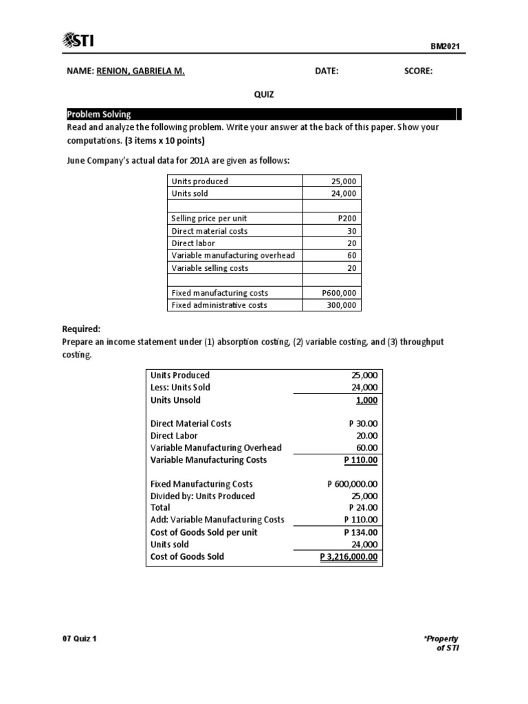 Income Statements for June Company Using Absorption Costing, Variable ...