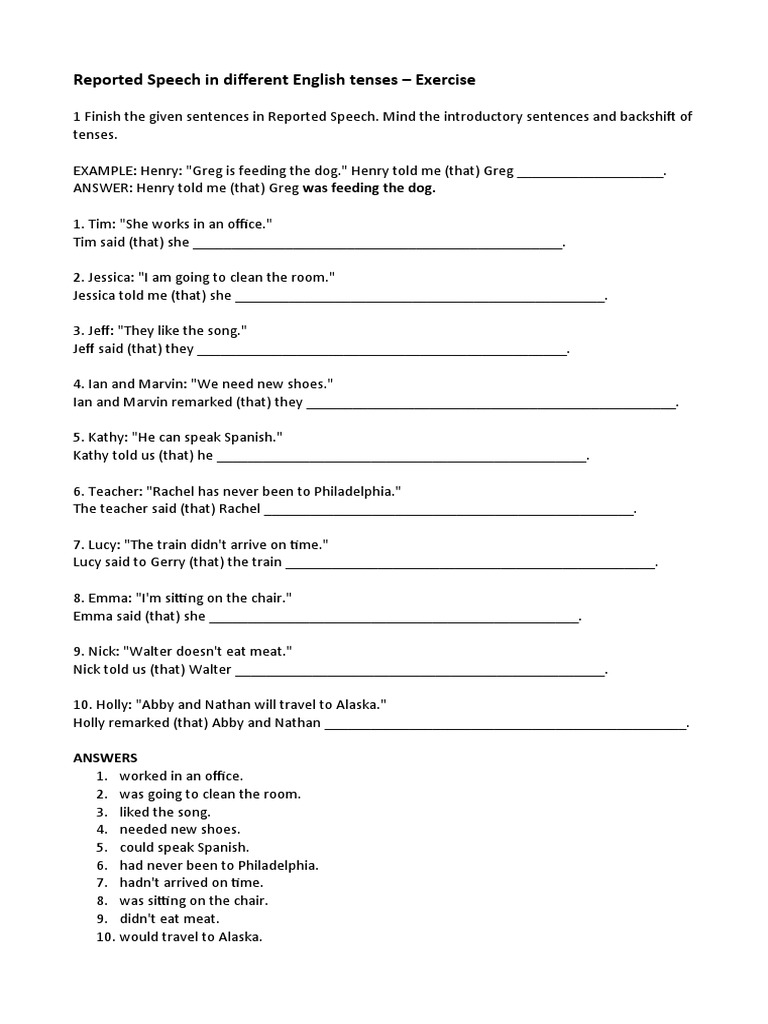 Reported Speech Exercise with Answers | PDF