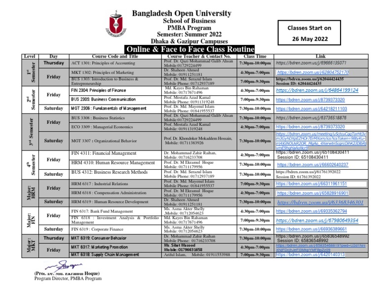 Class Routine (PMBA) Summer 2022 (Online) | PDF | Business | Economies