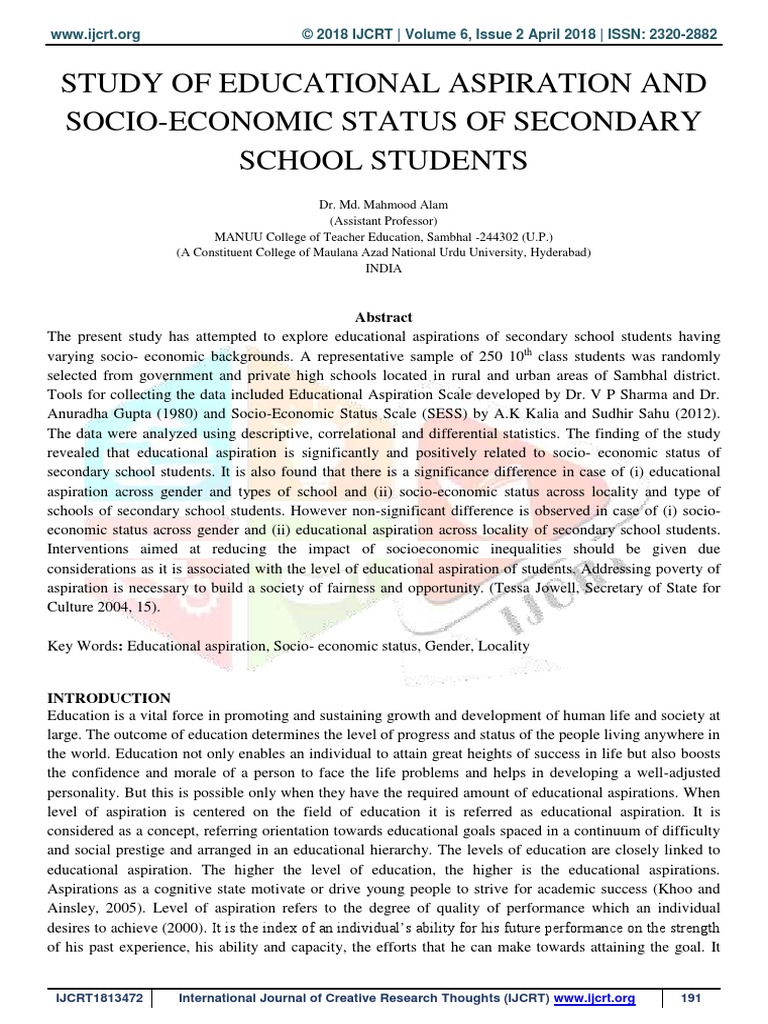 Study of Educational Aspiration and Socio-Economic Status of Secondary ...