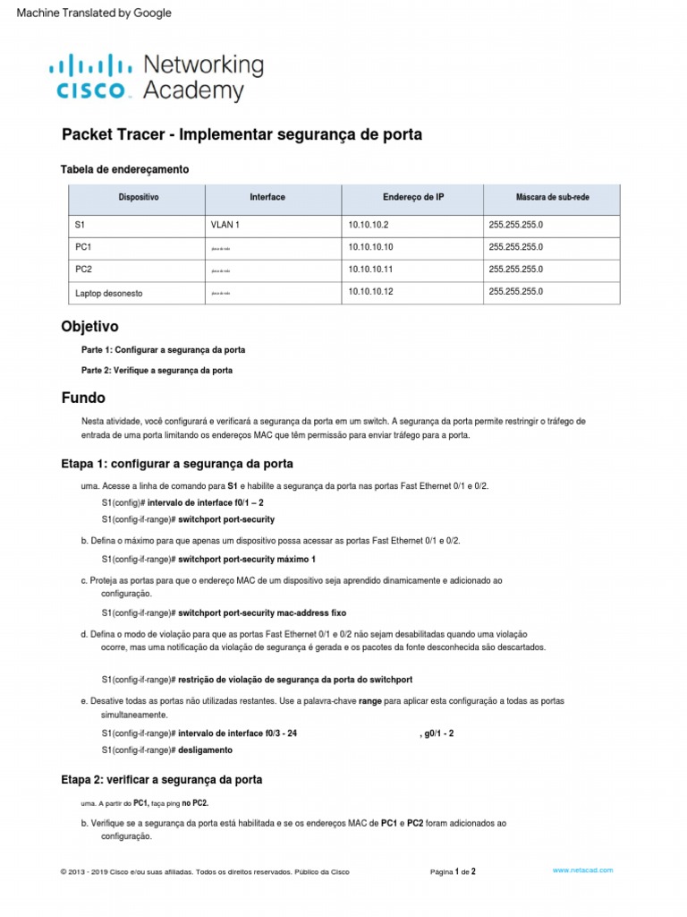 11 1 10 Packet Tracer Implement Port Security Pdf Rede De Computadores Ethernet