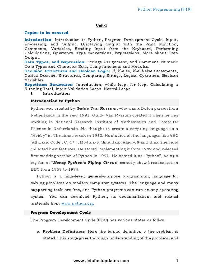 Python Programming (R19) - UNIT-1 | PDF | Parameter (Computer Programming) | Variable (Computer ...