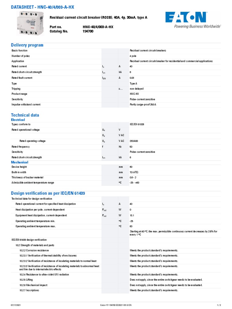 Residual Current Circuit Breaker (RCCB), 40A, 4p, 30ma, Type A Part No ...