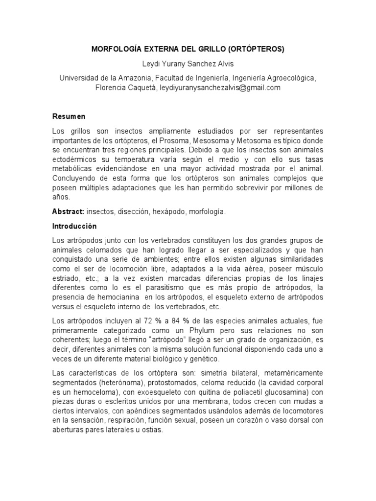 Anatomía y Morfología del Grillo | PDF | Insectos | Artrópodos