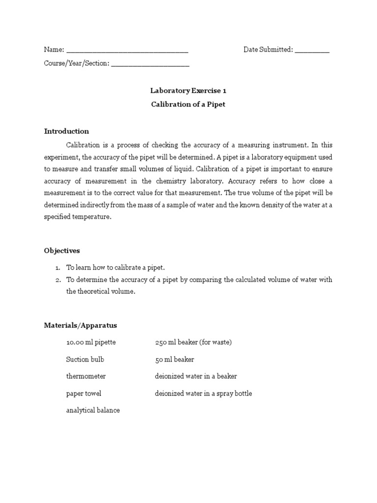 Laboratory Exercise 1 Calibration of A Pipet | PDF | Calibration ...