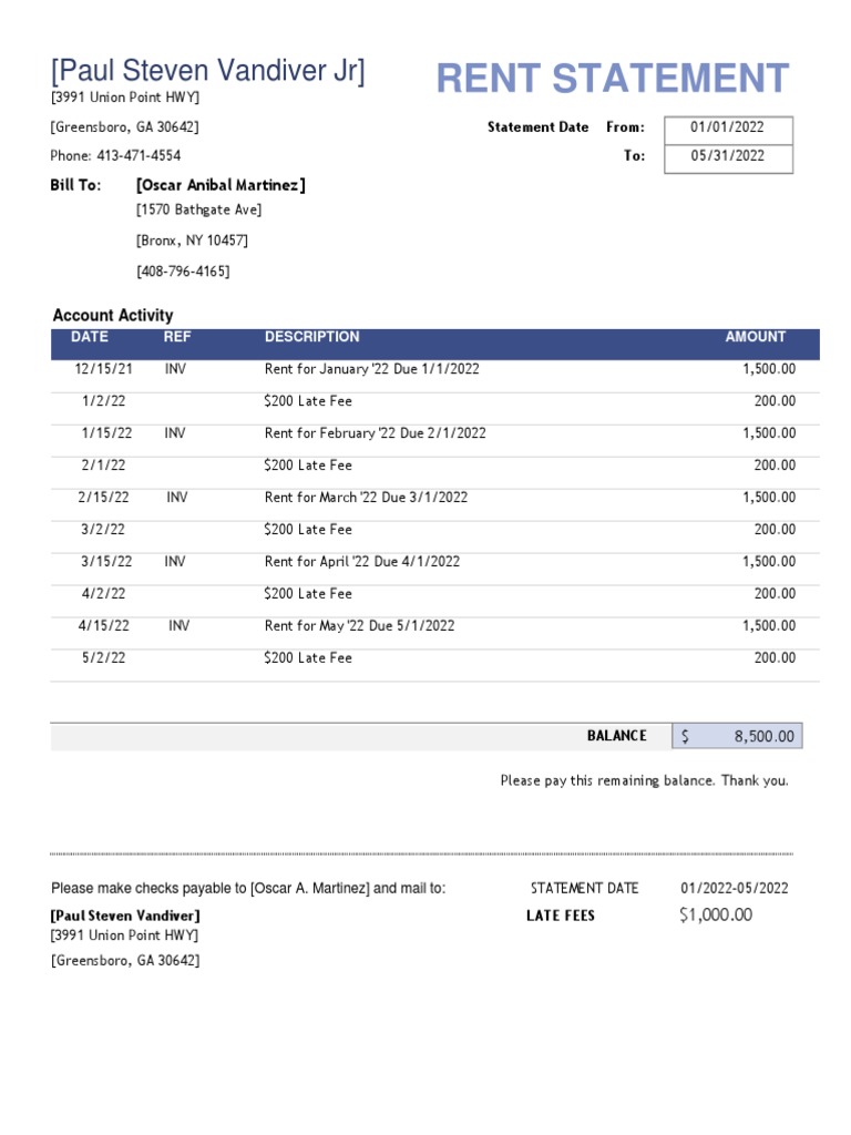 Rent Statement: (Paul Steven Vandiver JR) | PDF