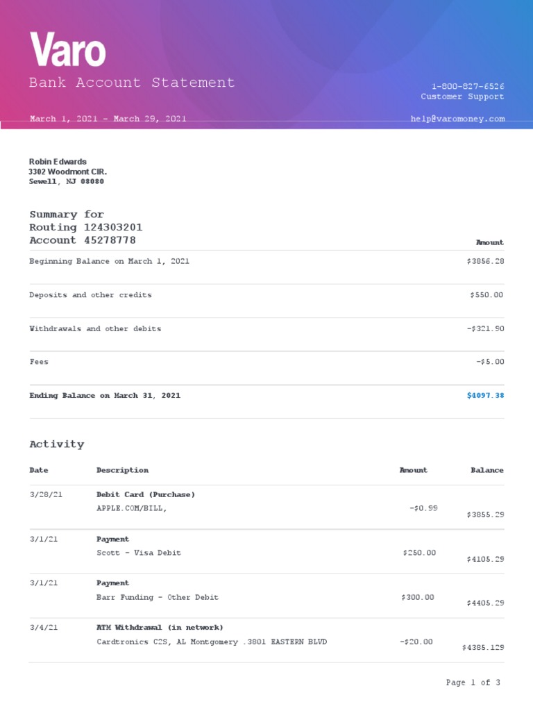 Varo Bankstatement 2 | PDF | Debit Card | Automated Teller Machine
