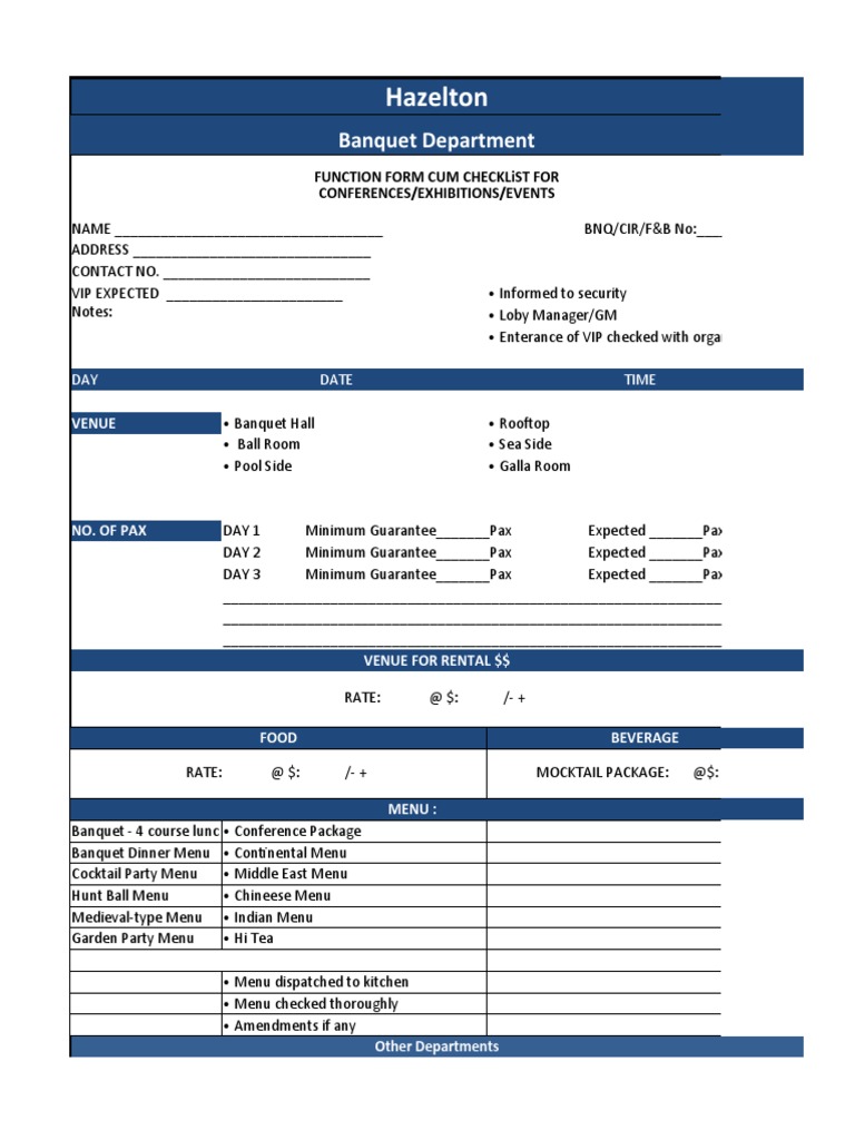 Banquet Function Form Checklist Large Events | PDF | Food And Drink