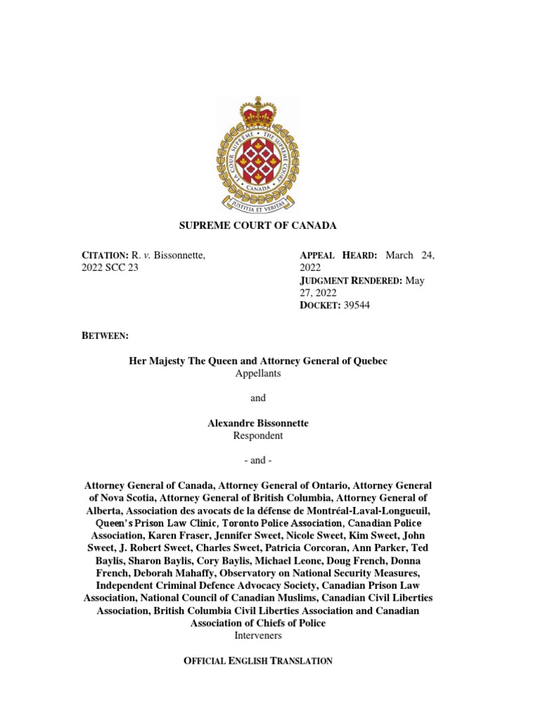 Supreme Court Ruling: R. v. Bissonnette | PDF | Sentence (Law) | Crime ...