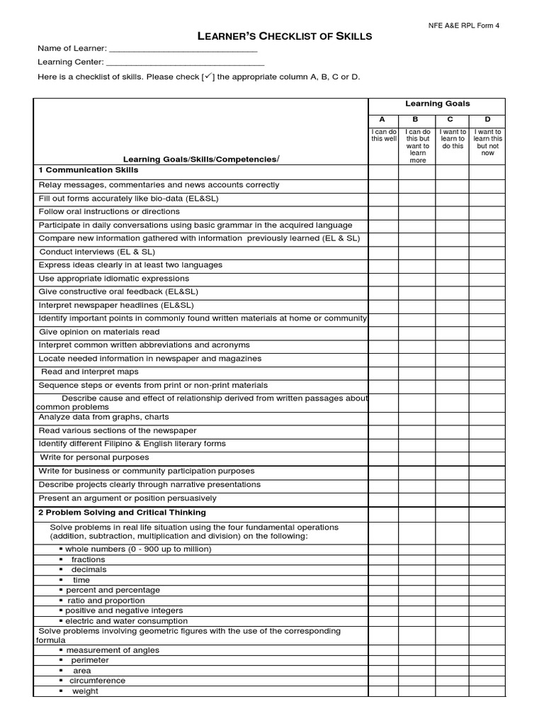 rpl4 Learners Checklist of Skills With Ls 6 | PDF | Spreadsheet | Websites