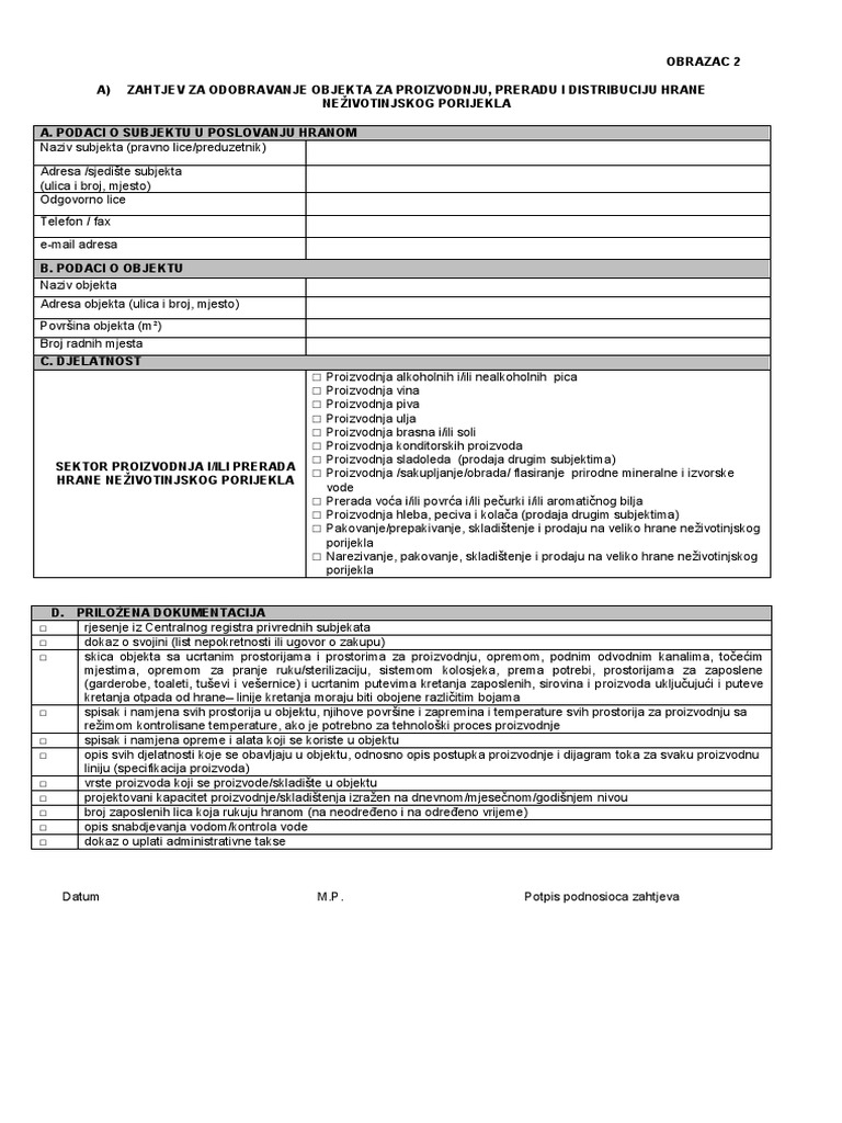 Zahtjev Za Odobravanje Objekta Za Proizvodnju Preradu I Distribuciju Hrane Nezivotinjskog ...