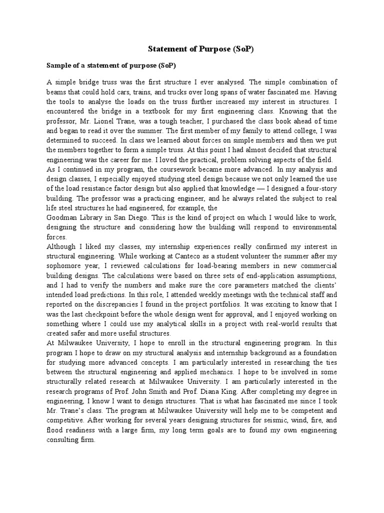 Sample of A Statement of Purpose (Sop) | PDF | Bridge | Structural ...