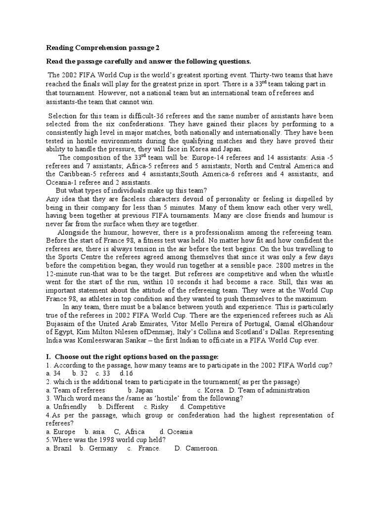 Reading Comprehension Passage 2 Read The Passage Carefully and Answer ...
