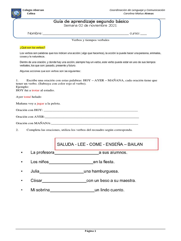Guía Segundo Básico Tiempos Verbales | PDF