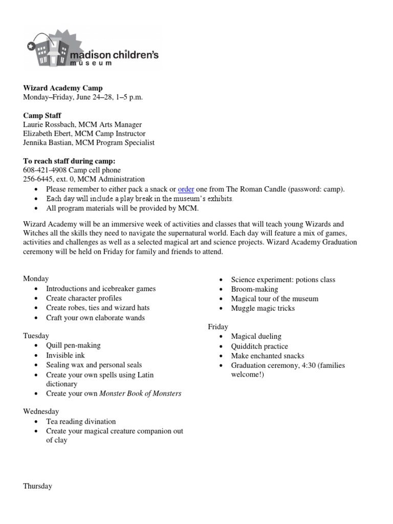 Wizard Academy Camp Itinerary 1 | PDF