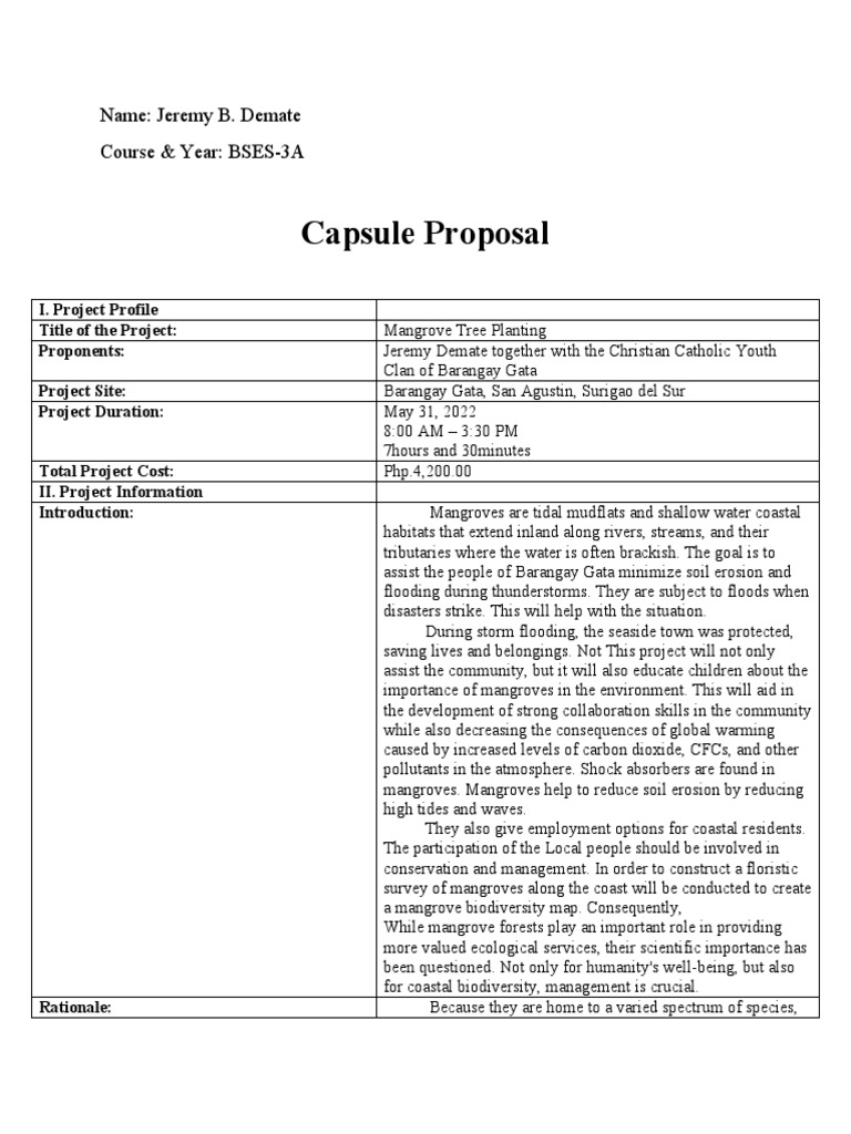 Capsule Proposal: Name: Jeremy B. Demate Course & Year: BSES-3A ...