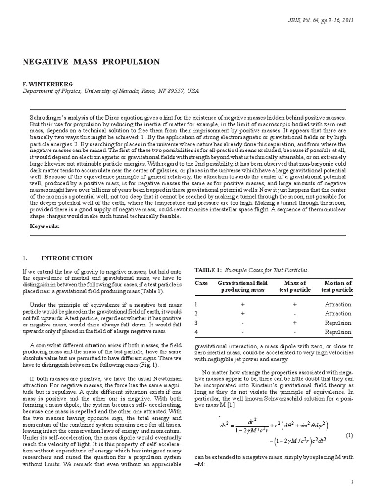 Negative Mass Propulsion: F. Winterberg | Download Free PDF | Mass ...