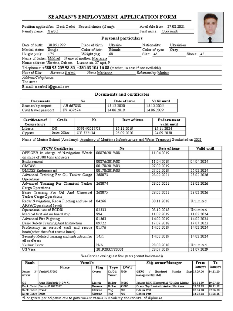 Seaman'S Employment Application Form: Personal Particulars | PDF ...