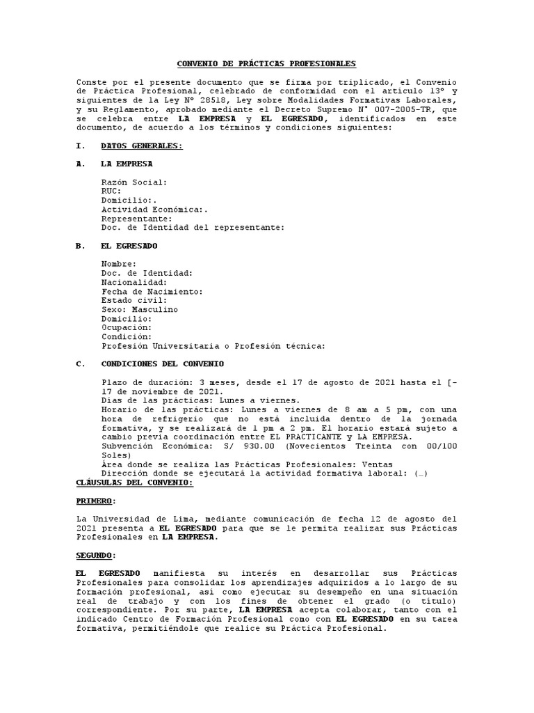 Modelo de Convenio de Prácticas Profesionales | PDF | Seguro | Desarrollo profesional