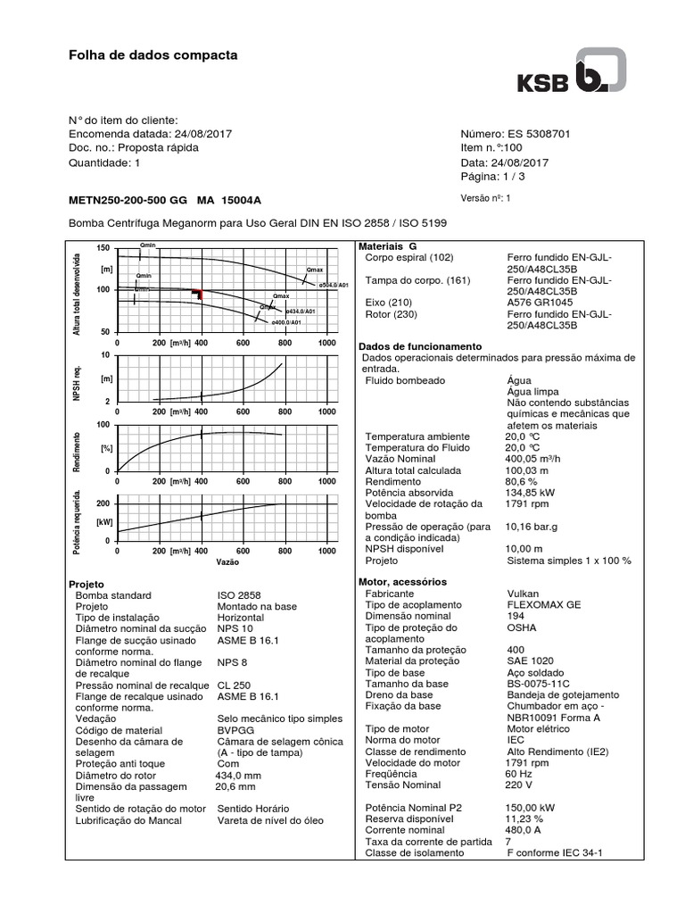 Bomba KSB Meganorm Metn250-200-500 | PDF | Engenharia Civil | Engenharia Química