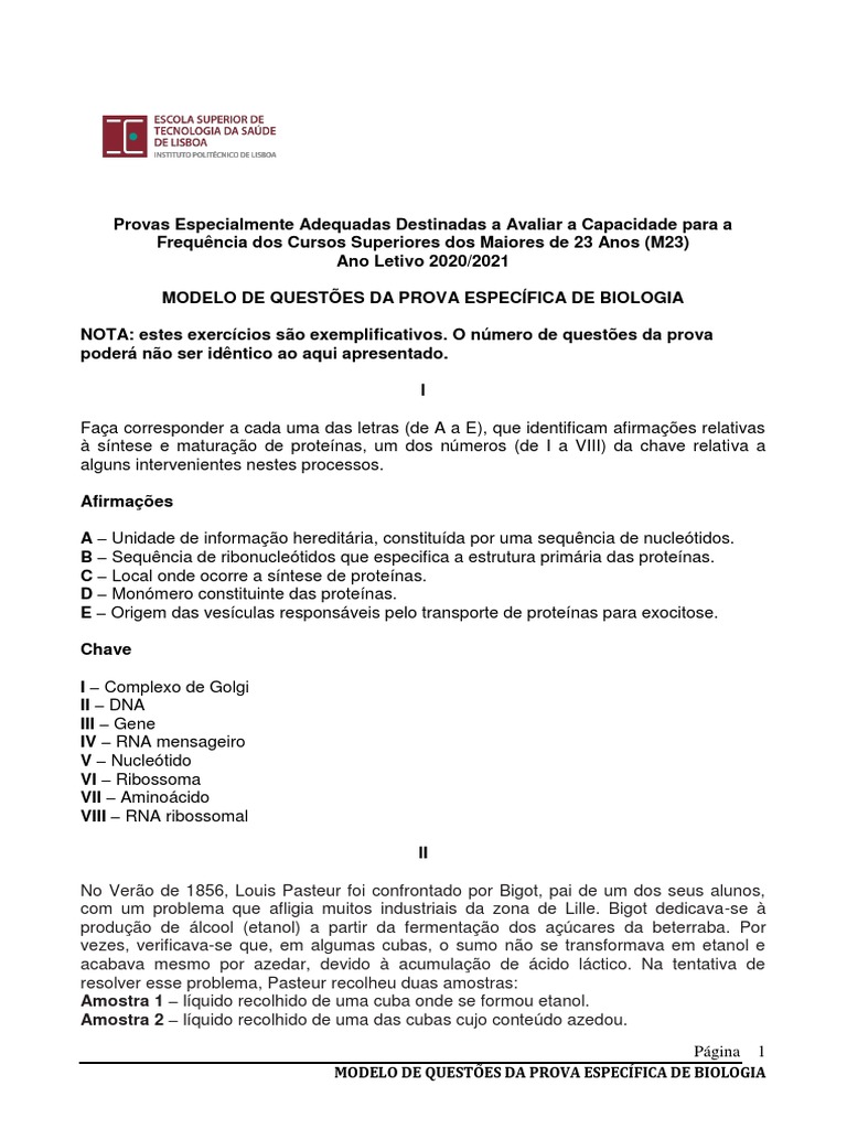 Prova Modelo de Biologia | PDF | Fermento | Célula (Biologia)