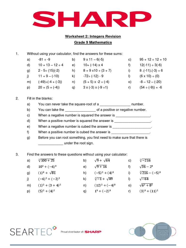 Grade 9 Mathematics Integeres Revision Worksheet 2 | PDF | Square Root ...