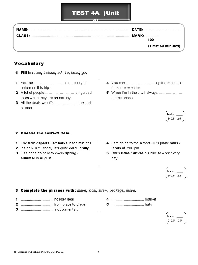 TEST 4A (Unit 4) : Vocabulary | PDF