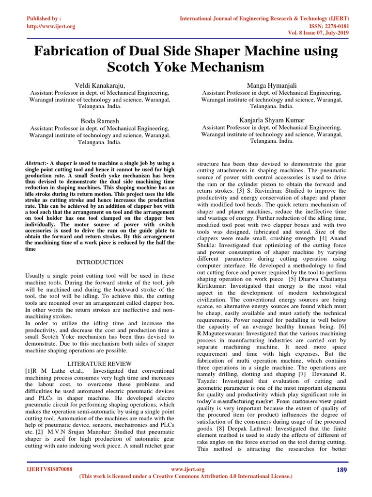 Fabrication of Dual Side Shaper Machine Using Scotch Yoke Mechanism ...