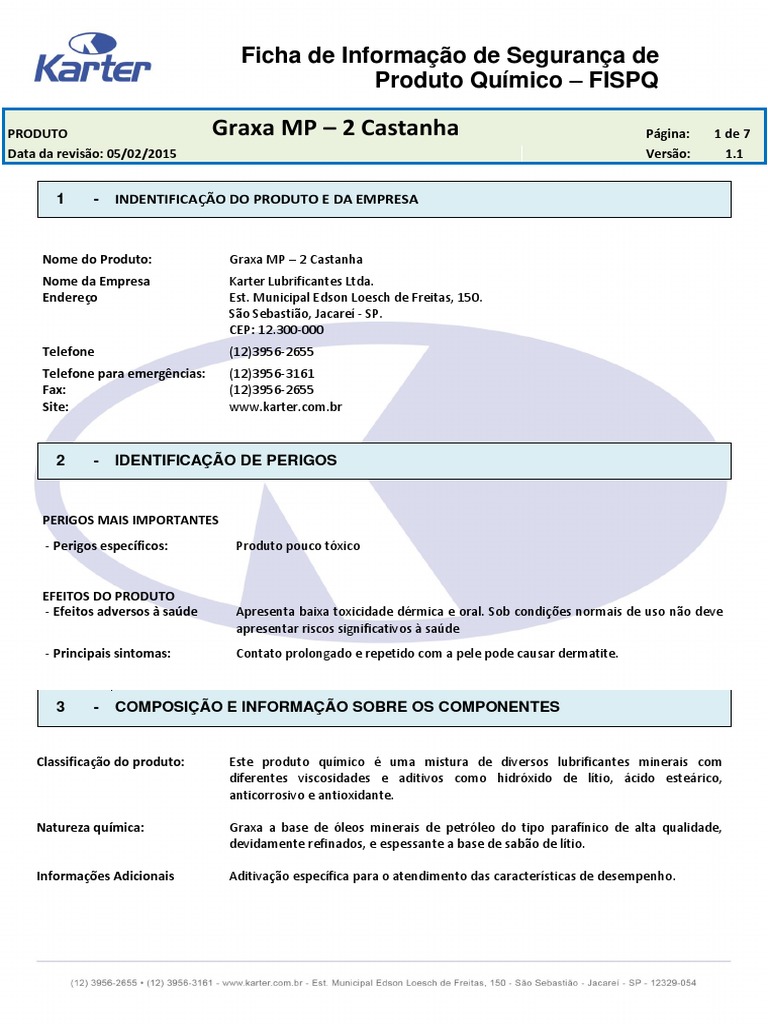 Ficha de Segurança de Produto Químico: Graxa MP-2 Castanha | PDF ...