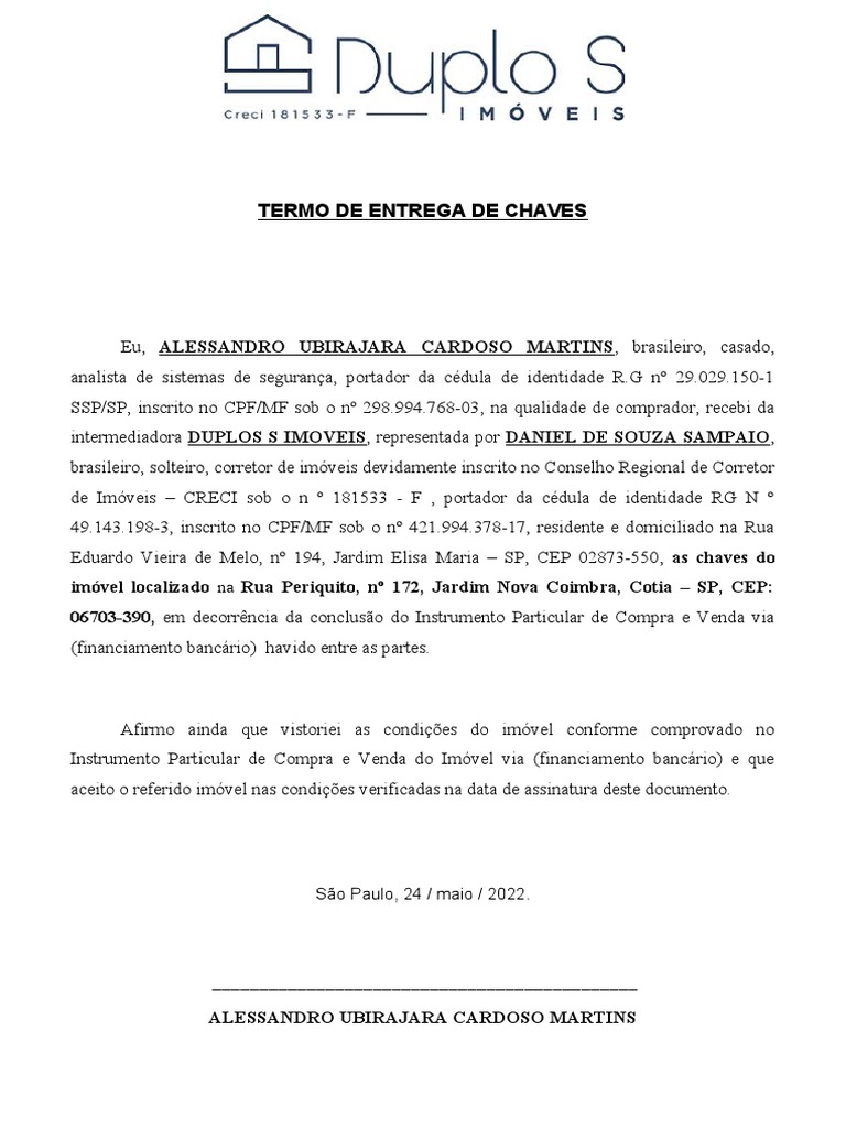 Termo de Entrega de Chaves Compra e Venda | PDF